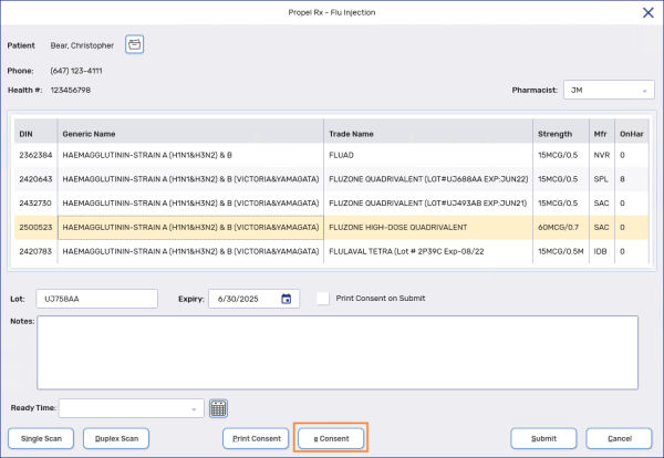 Entering Pharmacy Use Information for a Flu Injection Prescription
