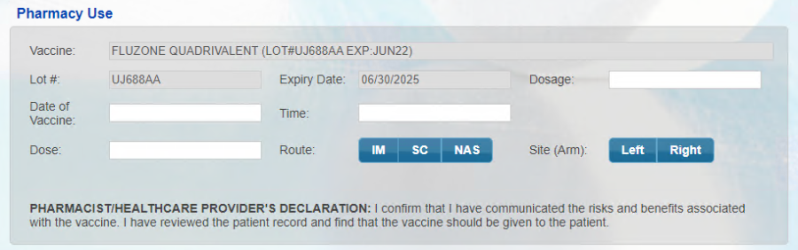 Entering Pharmacy Use Information for a Flu Injection Prescription
