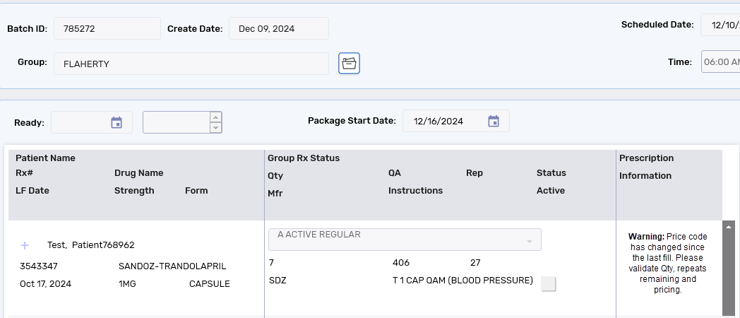 Processing Prescriptions After a Price Code Change