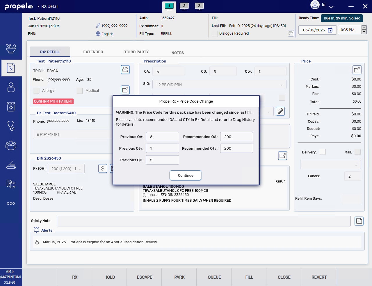 Processing Prescriptions After a Price Code Change